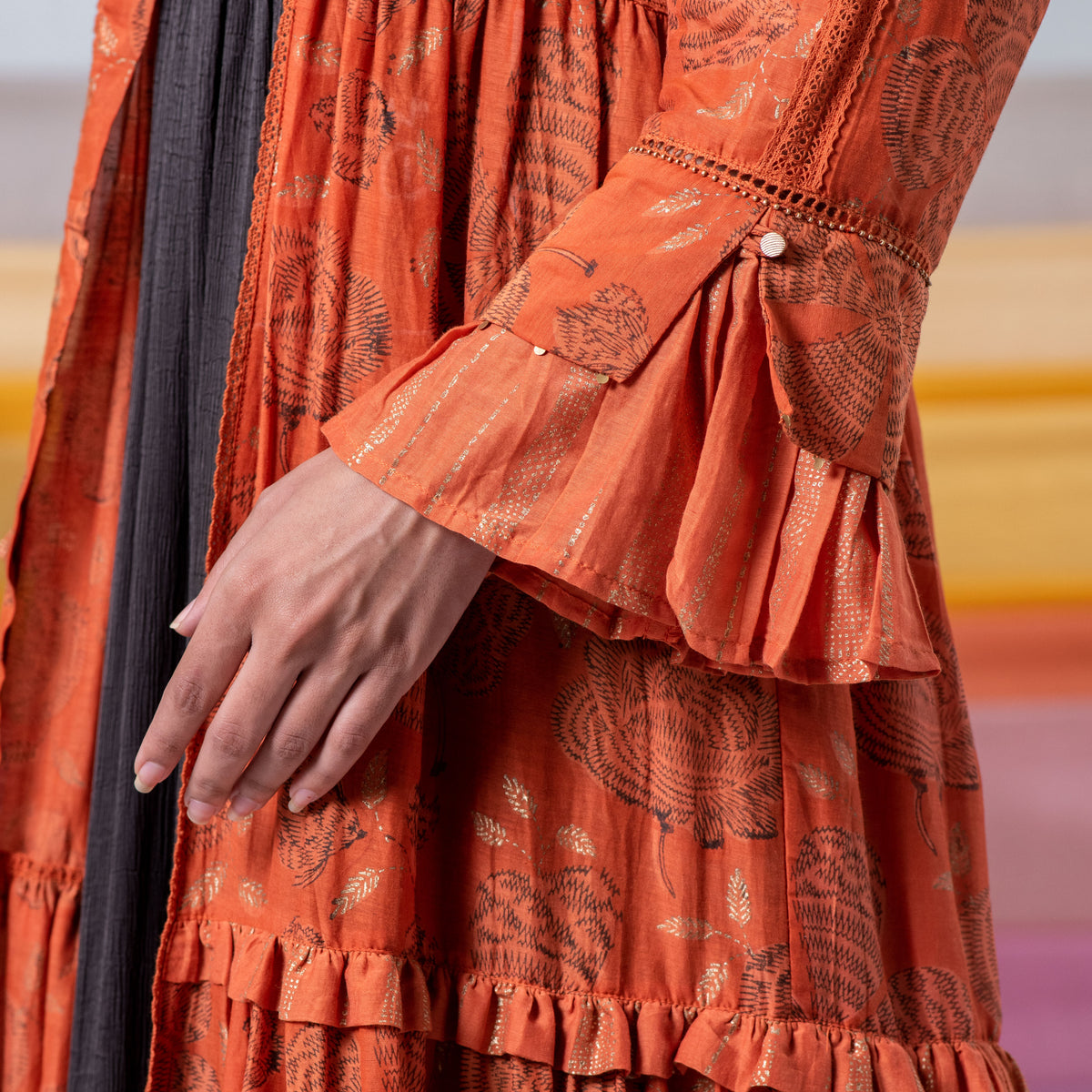 Ethereal rust cotton silk tiered shrug / jacket – bidishaadhikaryy