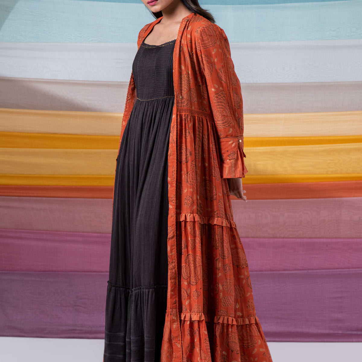 Ethereal rust cotton silk tiered shrug / jacket – bidishaadhikaryy